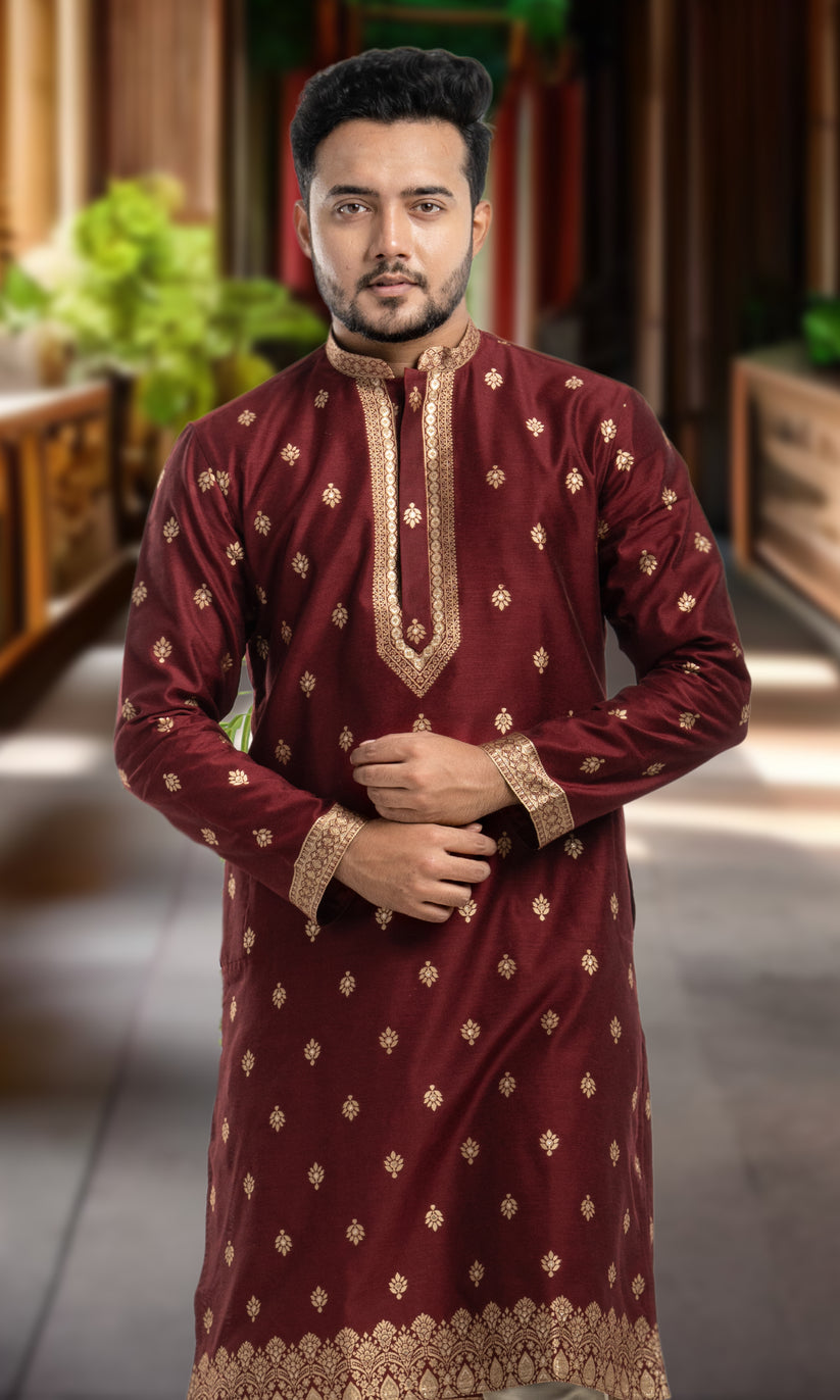 BURNT MAROON GOLDEN ETHNIC MOTIFS WEAVED KURTA – Maatbbar